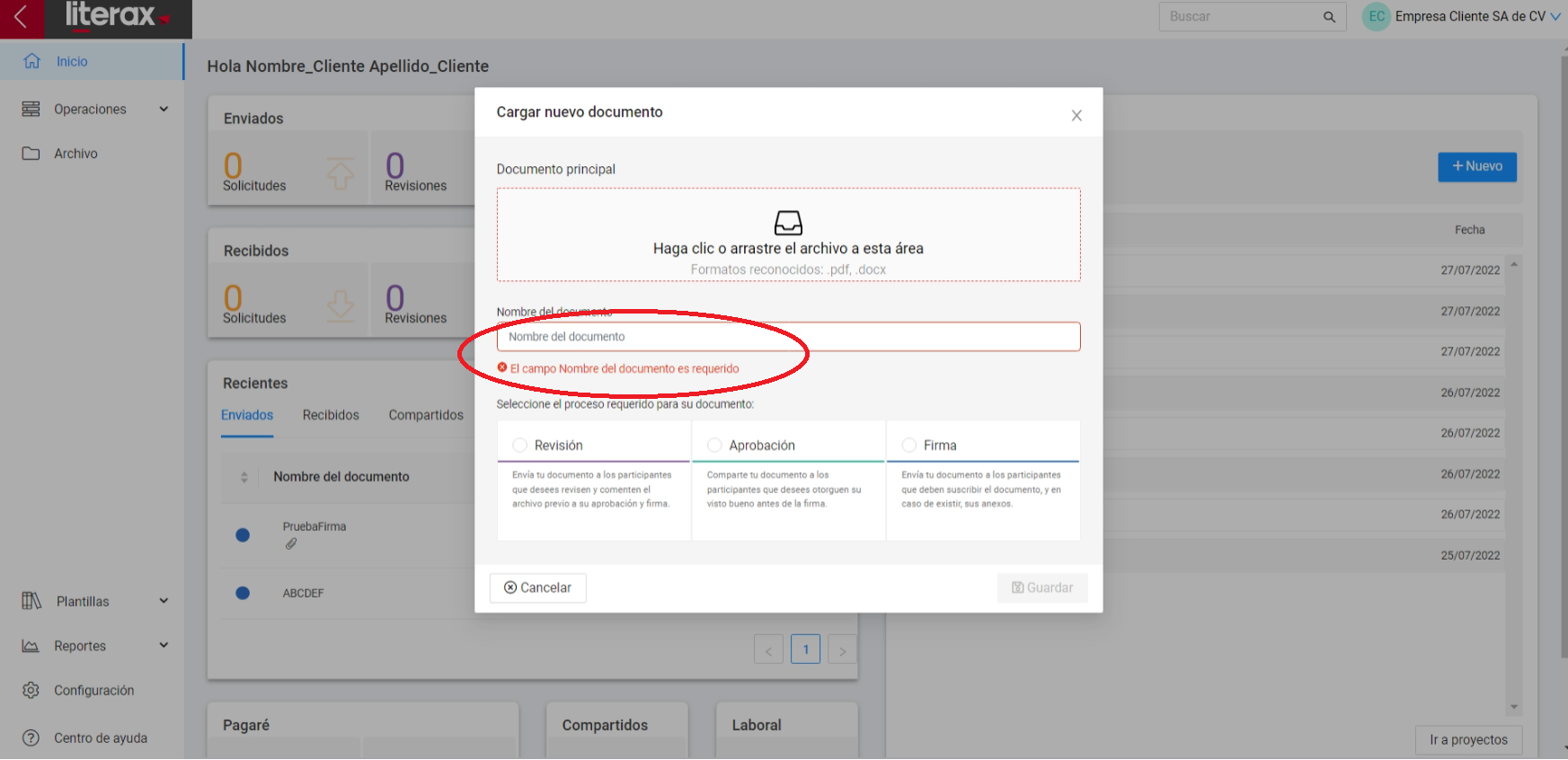 Mensaje de Error, "El campo nombre del documento es requerido" – Interfirma